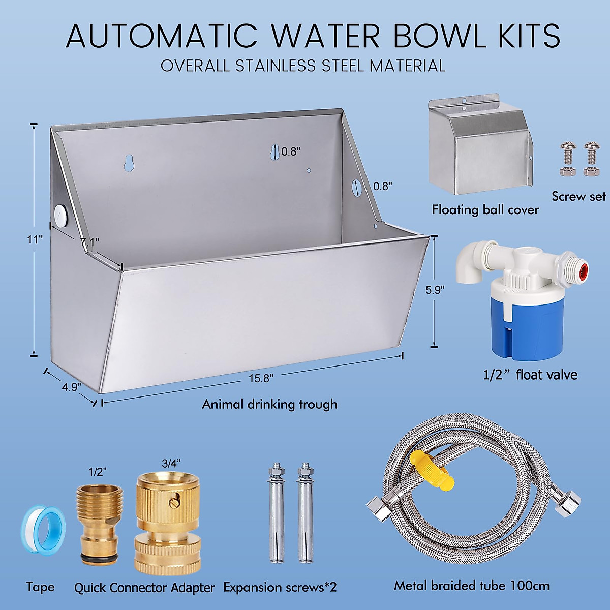 MUDUOBAN Automatic Dog Water Dispenser,2.1Gal Outdoor Dog Water Bowl with Float Valve,304 Stainless Steel Automatic Pet Waterer for Dog Cat Chicken Livestock (Drainage Hole)