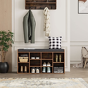 vinform Shoe Cabinet Storage Bench with Cushion, 10-Cube Shoe Storage Bench for entryway, Holds up to 220lbs, Rustic Brown