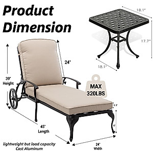 Luccalily Chaise Lounge Outdoor Chair with Side Table, Adjustable Reclining Rust-Resistant Aluminum Cast Poolside Chaise with Convenient Wheels, Outdoor Lounge Furniture Set of 3, (Beige)