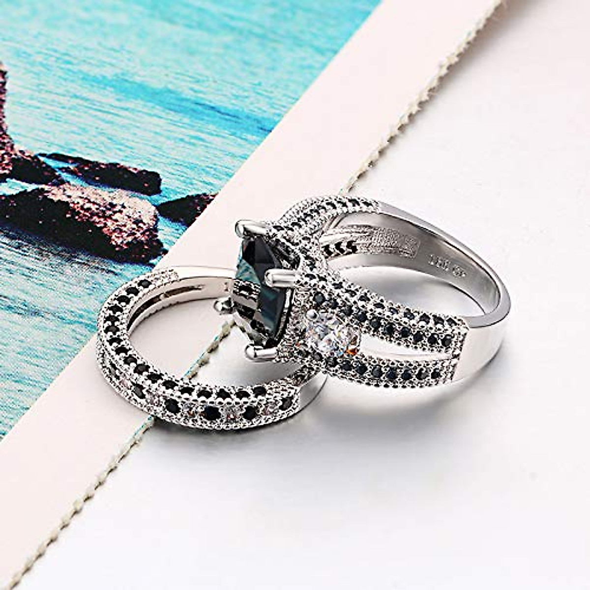 Double Fair White or Black Gold Plated Cushion Cut Black CZ Stone Engagement Promise Anniversary Ring Sets For Women (Silver, 8)