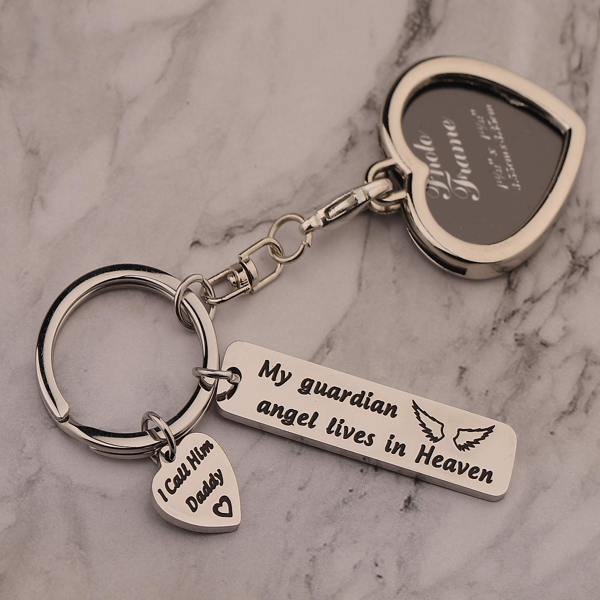 LQRI Memorial/Remembrance Photo Frame Keychain My Guardian Angel Lives in Heaven I Call Him Daddy Memorial Keychain Loss of a Dad Sympathy Gift In Memory of Dad (SILVER)