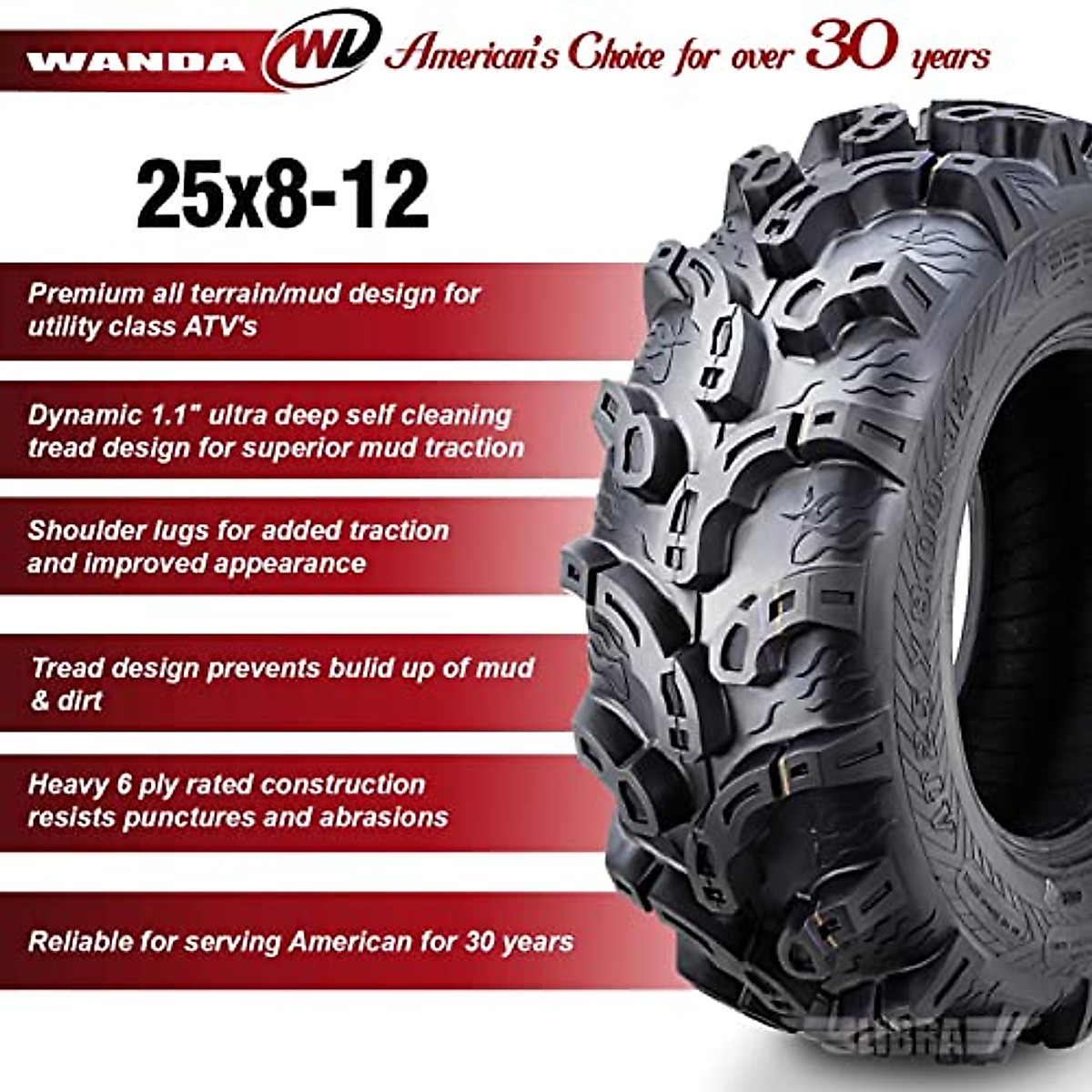 Set 4 Premium WANDA ATV/UTV tires 25x8-12 25x8x12 Front & Rear Super Lug Mud