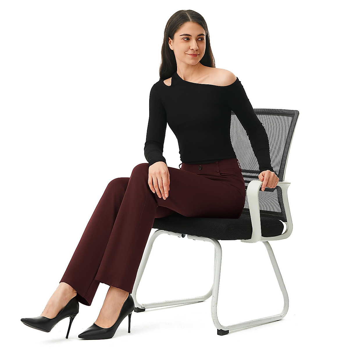 AFITNE Women's Yoga Dress Pants Stretchy Straight Leg Bootcut Work Travel Pants Business Office Casual Slacks with Pockets 29" Brown, S