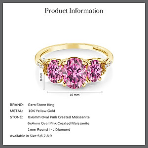 Gem Stone King 10K Yellow Gold Pink Moissanite and White Diamond 3-Stone Engagement Ring For Women (2.34 Cttw, Oval 8X6MM and 6X4MM, Gemstone Birthstone) (Size 8)