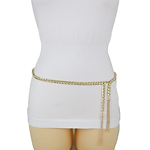 TFJ Women Fashion Belt Skinny Strong Metal Chain Link Fringes Wrap Around XS S M Gold