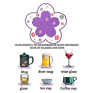 Conisy Flower Coasters for Drinks,6 Pcs Cute Non-Slip Washable Reusable Heat Resistant Silicone Coasters (Sakura,Purple & White)