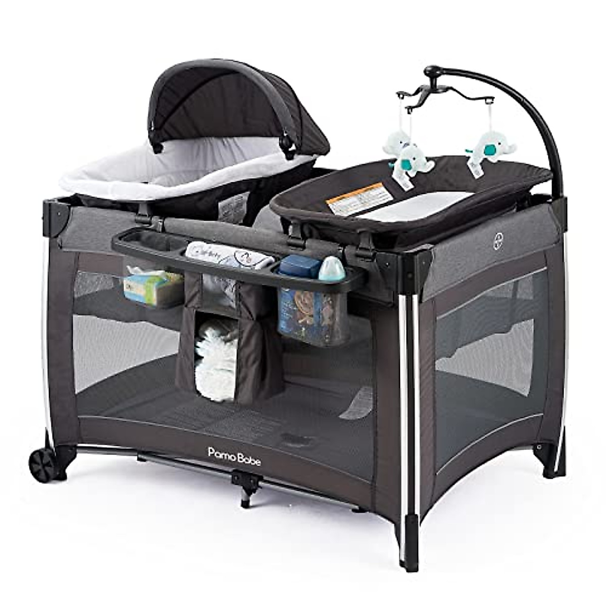 Pamo Babe 4 in 1 Portable Baby Nursery Center Baby Playard, Foldable Playpen with Bassinet, Baby Travel Crib with Changing Table(Grey)