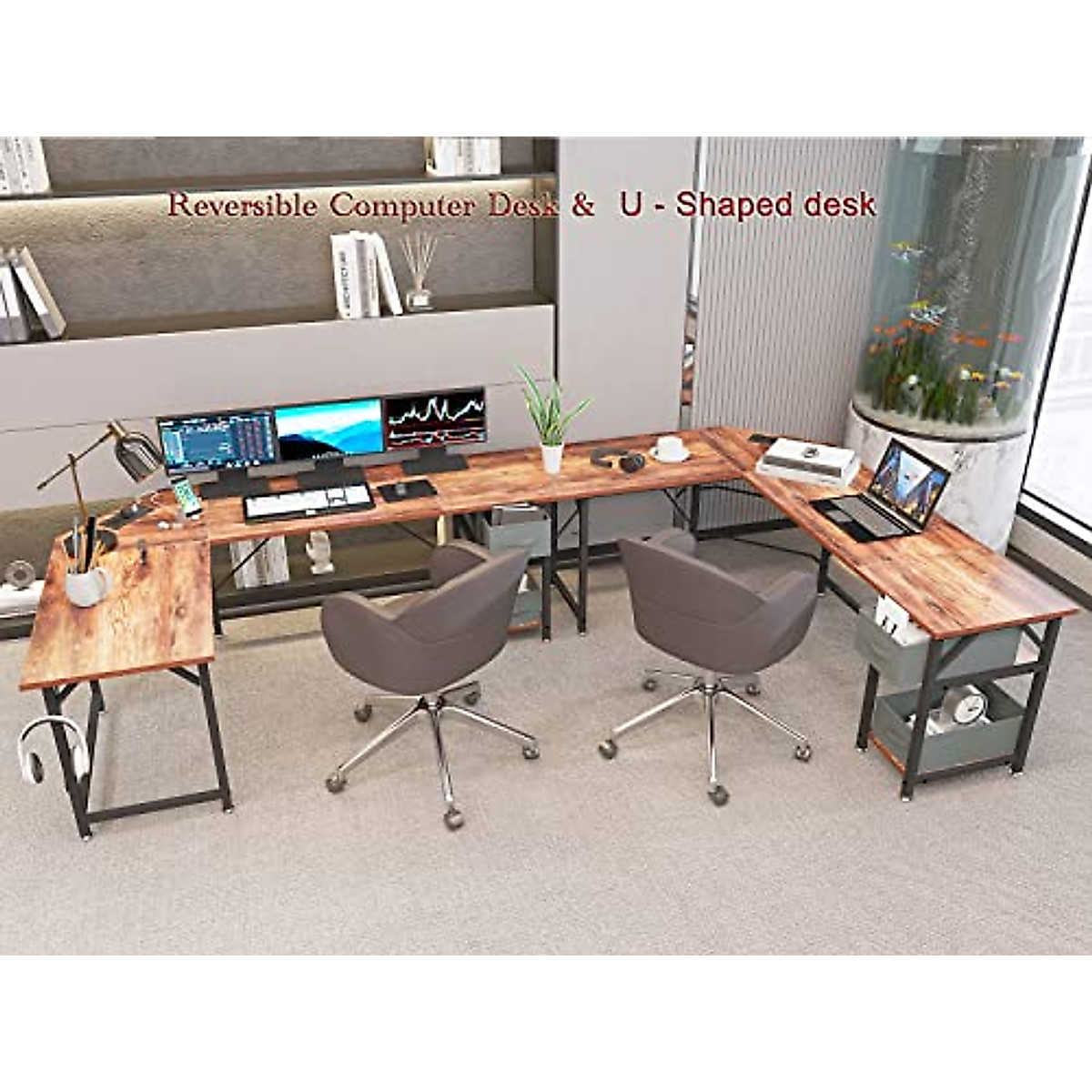 SZXKT L Shaped Desk with Power Outlets,66 inch Corner Computer Desk with Drawers,Gaming Desk Home Office Writing Study Table Reversible L Desk with Storage Shelves and Hooks(Rustic Brown)