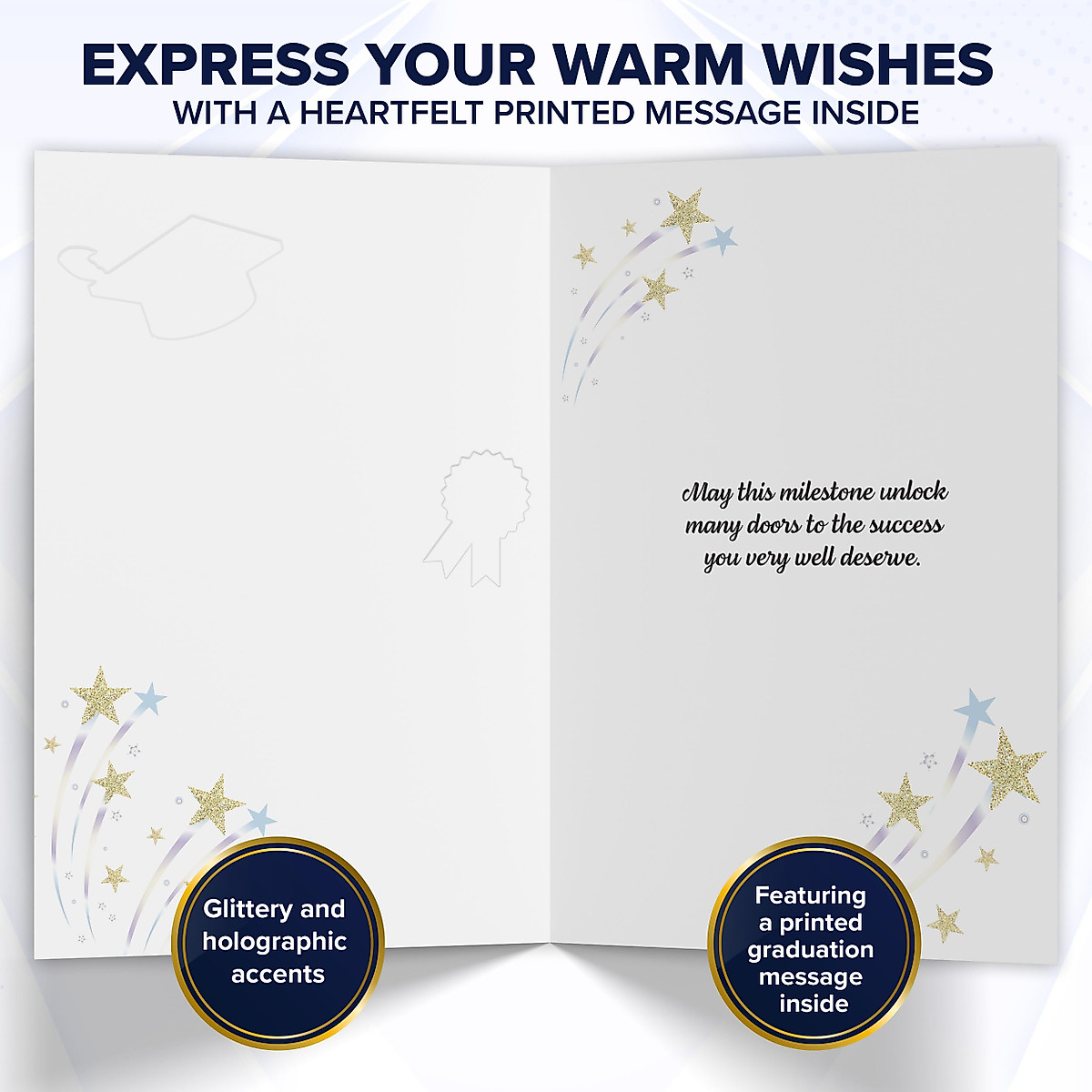 Decorably Individual Seasonal Greeting Card with Envelope & Stickers - Glittery & Holographic Graduation Card Set With Embossed Graduation Cap & Badge, 5x8in Graduation Cards For Her