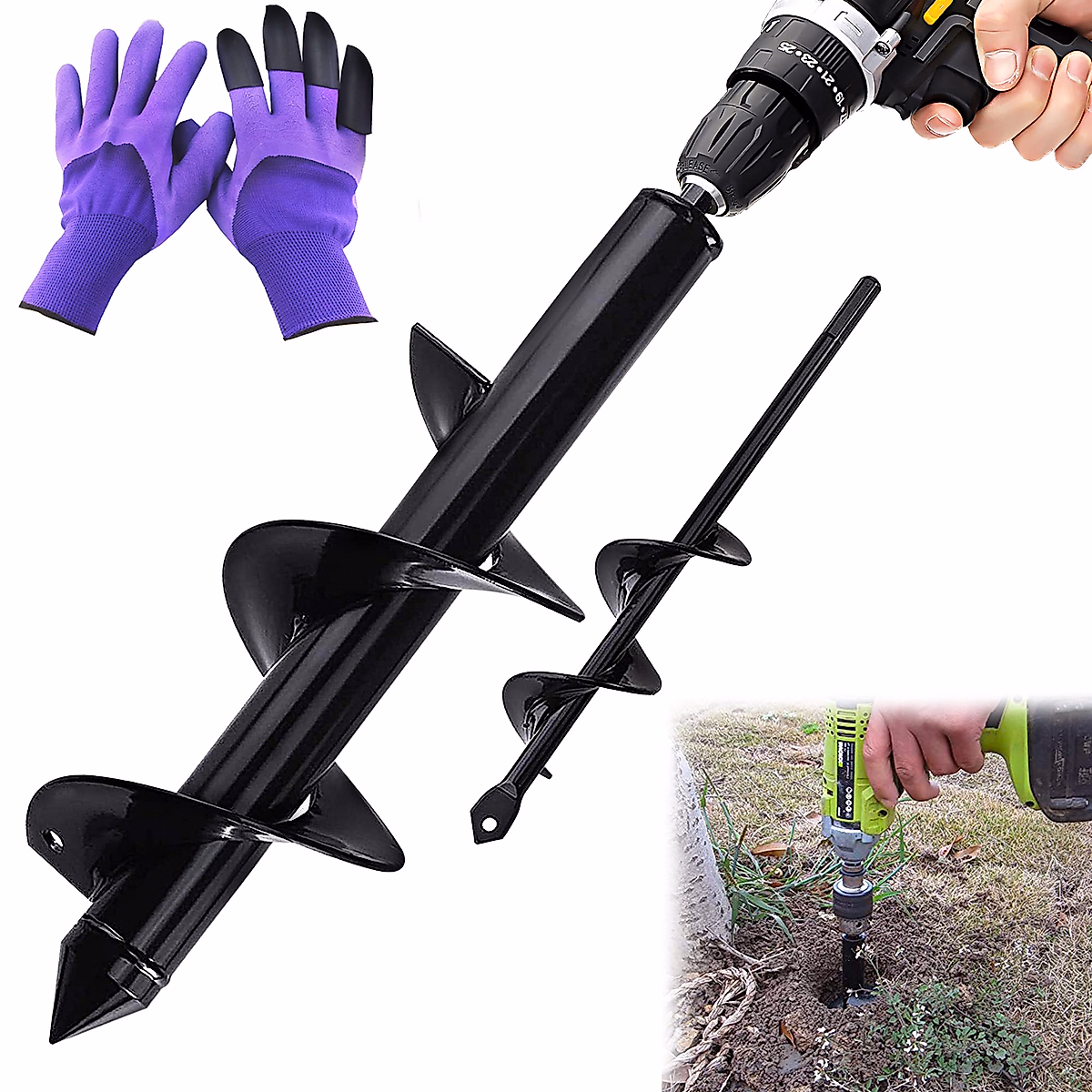 Auger Drill bit Set 3.5x12& 9x1.5 Inch Auger Drill Bit for Planting Garden Auger Spiral Drill Bit for 3/8”Hex Driver Drill Bulb & Bedding Garden Drill Planter with Gardening Gloves