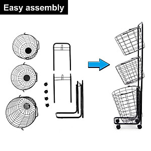 Ganggend 3-Tier Laundry Basket with Lockable Wheels, Wire Laundry Hamper with Rubber Handle Laundry Cart Storage Rolling Hamper for Organizing Clothes