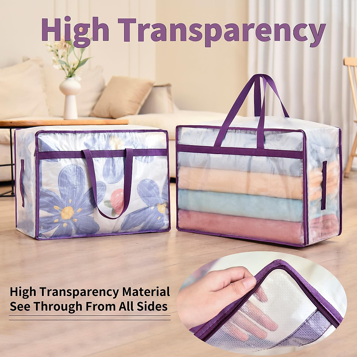 20 Gallon Large Clear Blanket Storage Bags for Bedding with Zipper Handles, 76L Oversized Comforter Storage Bag King Size, Folding Plastic Bedding Storage for Clothes, Bed Sheet, Pillow, Toys, 4Pack