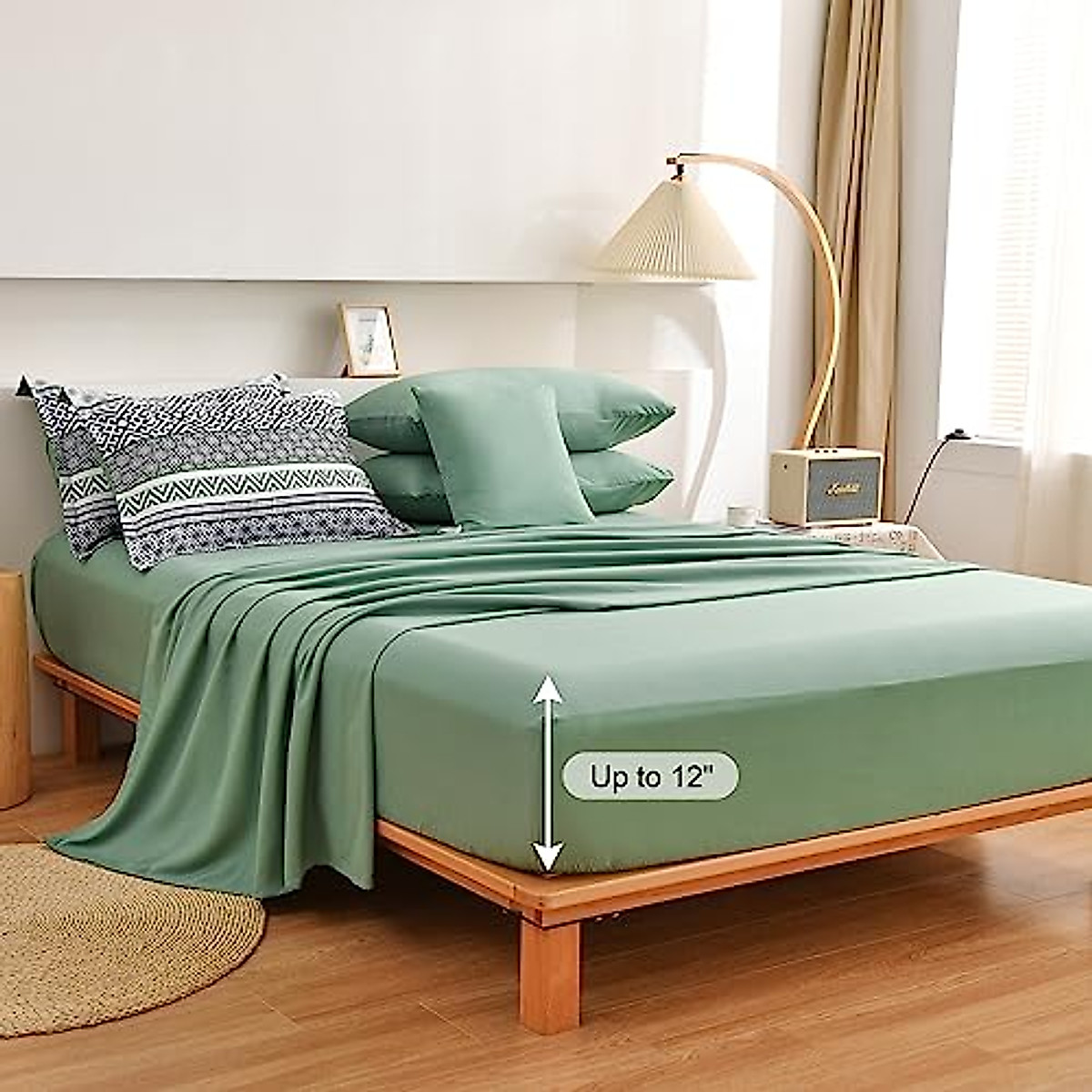 Luxudecor Boho Comforter Set Queen Size 7 Piece, Green Bohemian Bed in a Bag, Striped Comforter and Sheet Set, Soft Microfiber Bedding Set for All Season(Green, 90"x90")