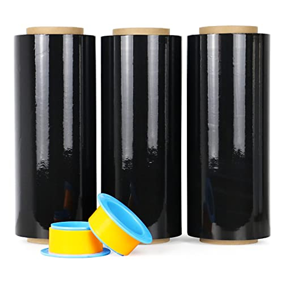 BOMEI PACK Black Stretch Wrap Industrial Strength with Plastic Handle 12" x 1000 Feet 80 Gauge 3-Pack, Black Shrink Wrap, Self-Adhering Black Plastic Wrap for Shipping, Moving