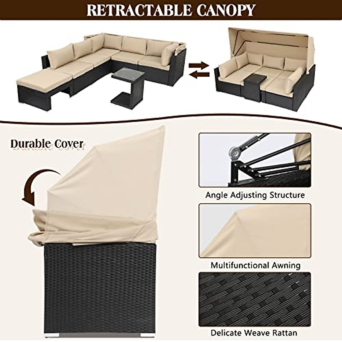 LEISU 7 Pieces Patio Furniture Sets, Outdoor Daybed with Canopy Adjustable Backrest, Sectional Seating with Washable Cushions Rectangle Sunbed for Backyard Garden Poolside (Khaki)