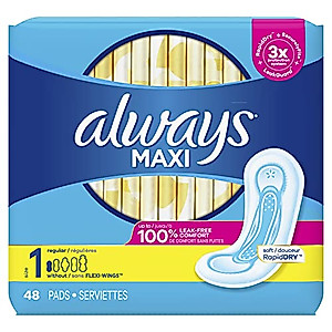 Always Maxi Feminine Pads For Women, Size 1 Regular Absorbency, Without Wings, Unscented, 48 Count