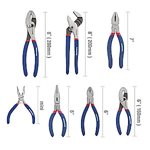 WORKPRO 7-piece Pliers Set (8-inch Groove Joint Pliers, 6-inch Long Nose, 6-inch Slip Joint, 4-1/2 Inch Long Nose, 6-inch Diagonal, 7-inch Linesman, 8-inch Slip Joint) for DIY & Home Use