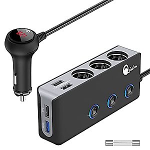 Quick Charge 3.0 Cigarette Lighter Splitter, Qidoe 3 Socket 180W Cigarette Lighter Adapter with 4 USB Fast Charging, DC 12V/24V Cigarette Outlet LED Voltmeter Independent Button for All Car Devices