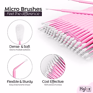 HGLOZ Microswabs for Eyelash Extensions Pack of 500 in Pink – 2mm Soft Micro Applicator Brush with Microfiber Wands – Suitable for Cleaning and Applying Make-up
