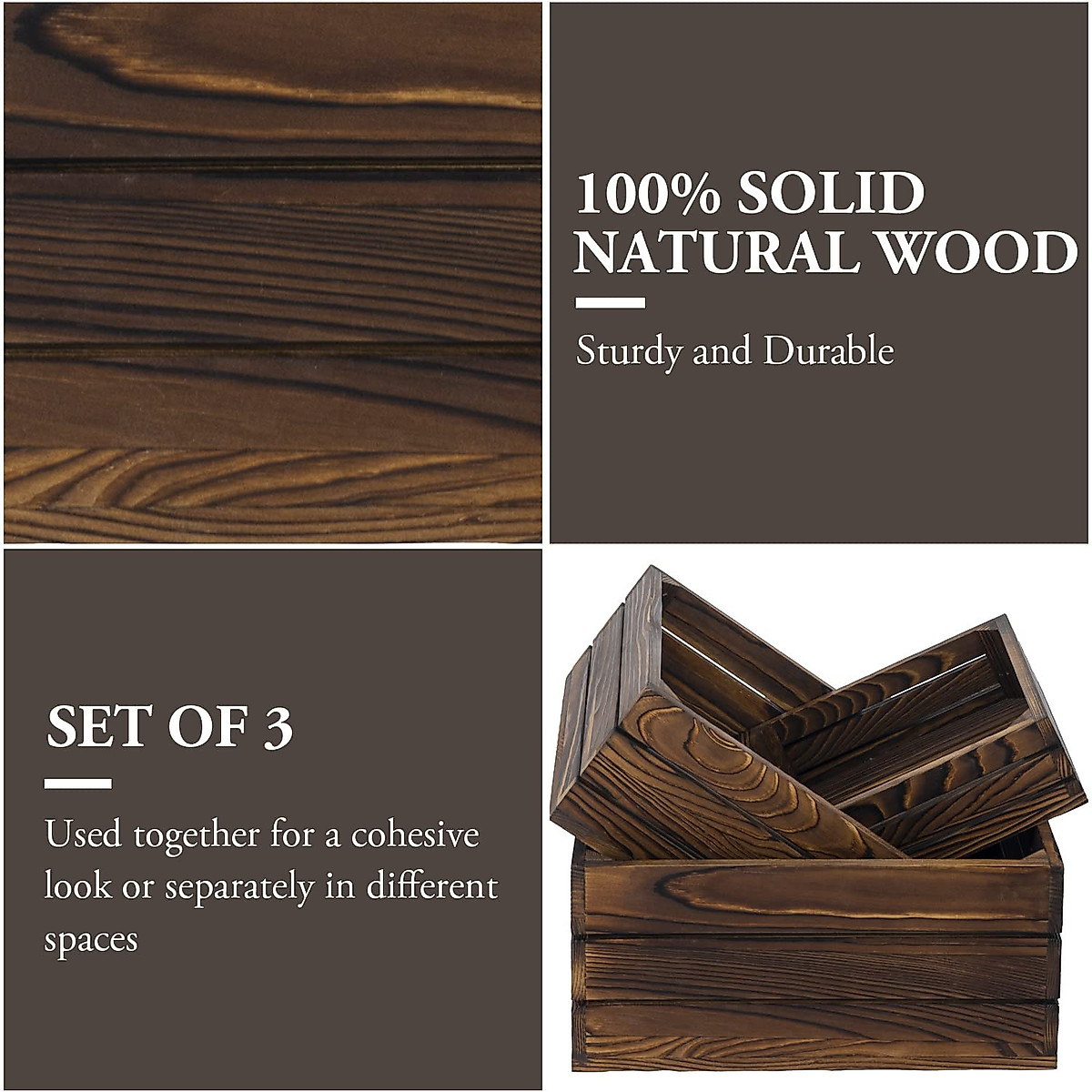 MyGift Rustic Burnt Dark Brown Solid Wood Reversible Stackable Display Box Riser Stands or Decorative Square Crate Style Nesting Storage Bins, 3-Piece Set