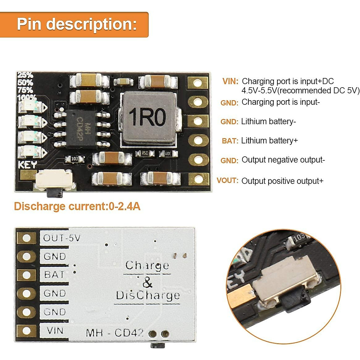 Discharge Integrated Charging Protection Module :6pcs 2A 5V Module 3.7V 4.2V for 186 50 Lithium Battery Charging Boost Mobile Power Protection PCB Board