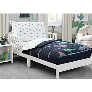 Delta Children 4 Piece Toddler Bedding Set for Boys - Reversible 2-in-1 Comforter - Includes Fitted Comforter to Keep Little Ones Snug, Bottom Sheet, Top Sheet, Pillow Case - Jurassic Dinosaur