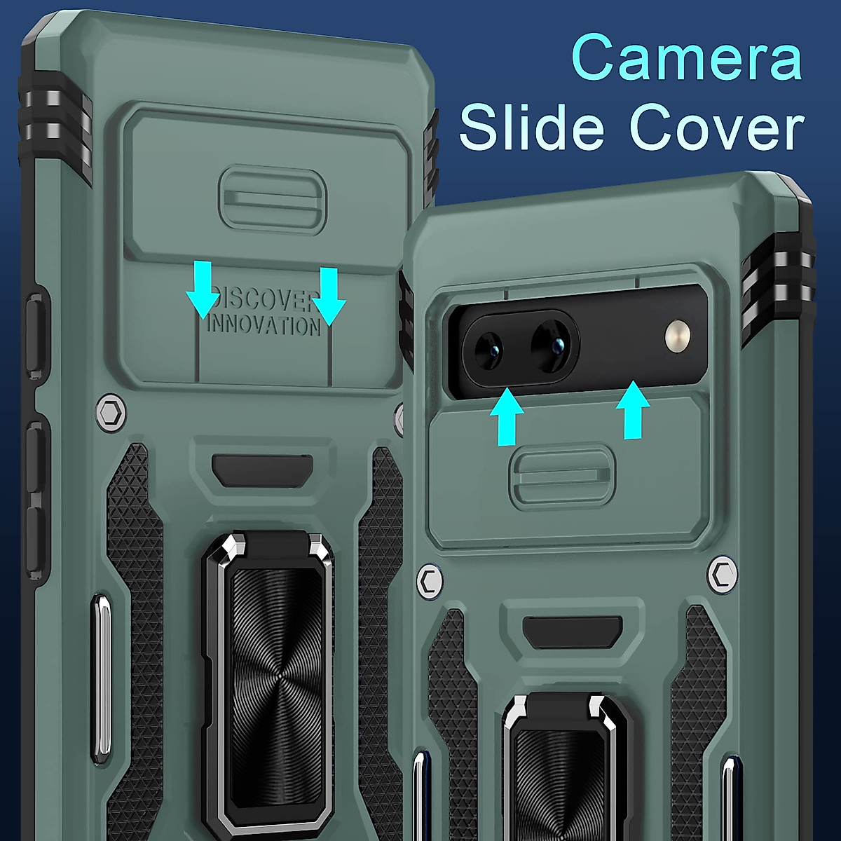 DEERLAMN for Pixel 7a Case,Google Pixel 7a Case with Slide Camera Cover+Screen Protector(2 Packs),Rotated Ring Kickstand Military Grade Shockproof Protective Cover-Green