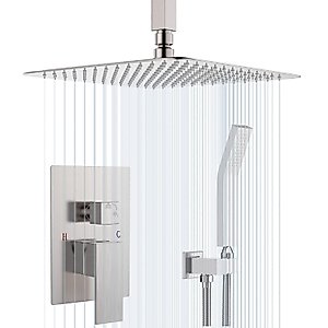 SunCleanse Rainfall Shower System Brushed Nickel Ceiling Mounted Shower System Combo Set with High Pressure 12 Inches Square Rain Shower Head Handheld and Shower Faucet Rough-in Mixer Valve and Trim