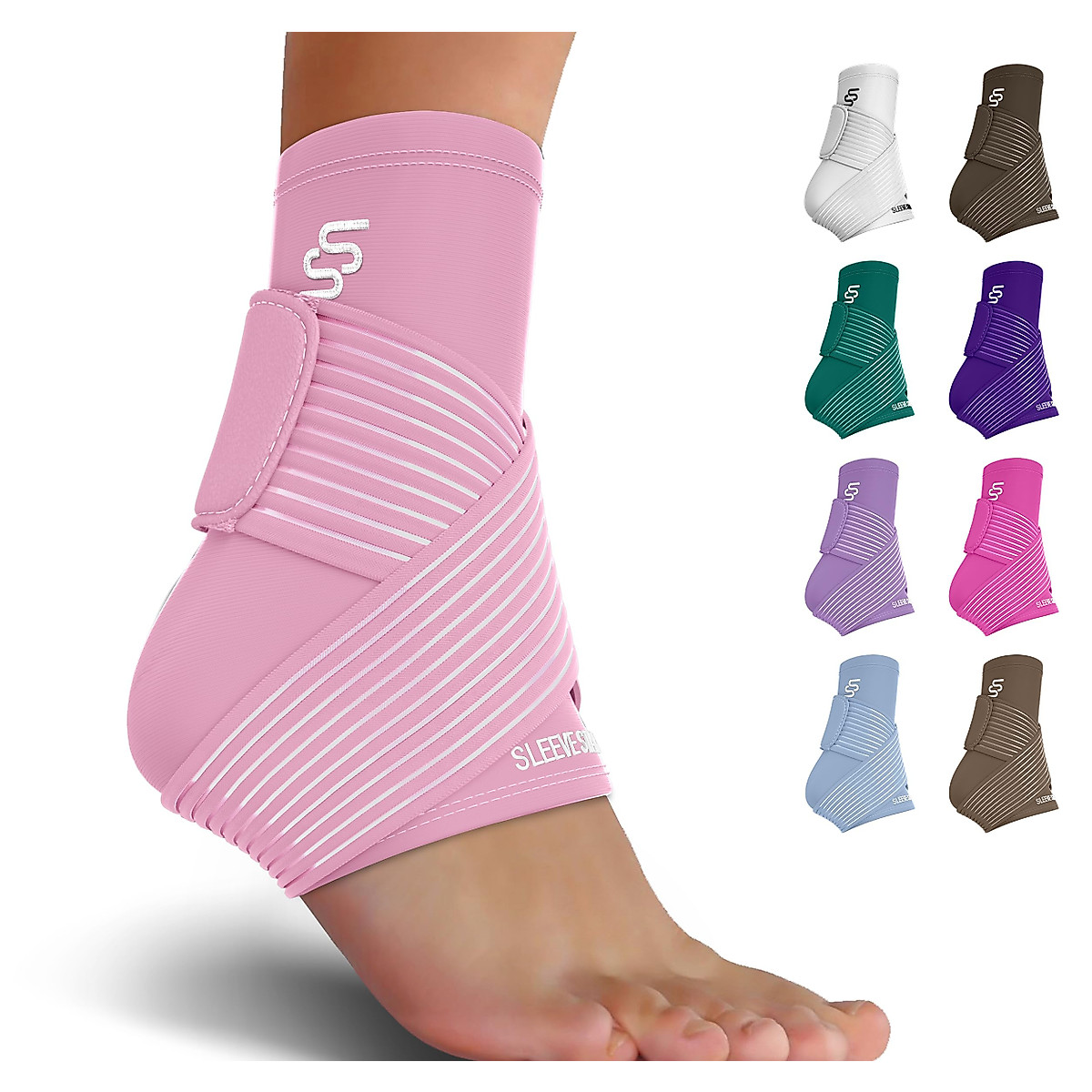 Sleeve Stars Ankle Brace for Sprained Ankle, Plantar Fasciitis Relief Ankle Support for Men and Women, Ankle Compression Sleeve w/ Strap (Single/Baby Pink)
