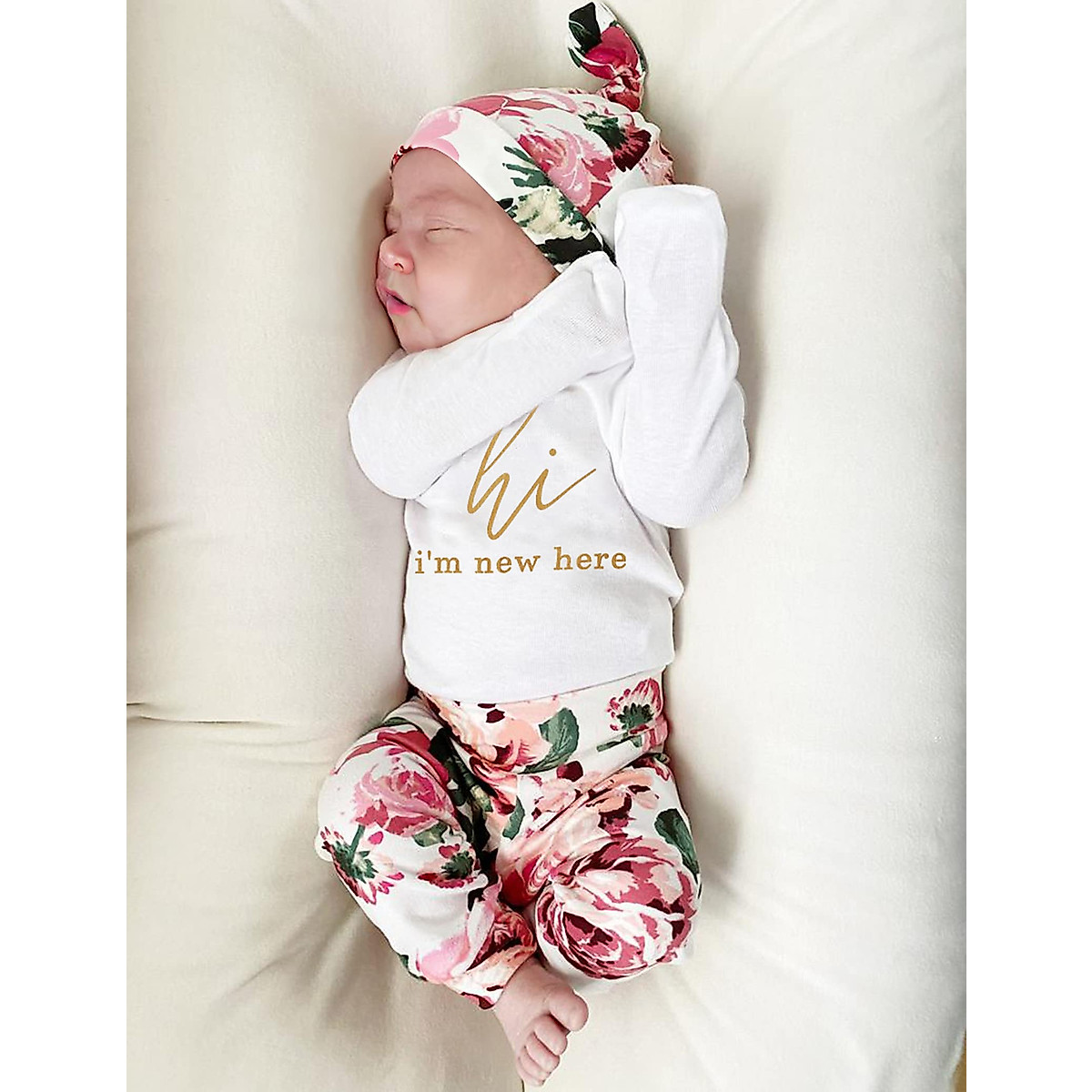 KANGKANG Newborn Girl Clothes Baby Girl Clothes Hi Im New Here Newborn Outfit Romper + Floral Pants + Headband + Hat New Born Clothes Baby Girl 4PCS Set
