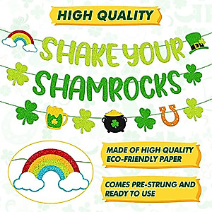 St Patrick Day Banner Shake Your Shamrocks Banner Happy St Patrick Party Garland Decoration Glitter Green Three Leaf Clover Shamrocks Garland for Irish Day Birthday Baby Shower Engagement Bridal Shower Bachelorette Party Anniversary Celebration Supplies