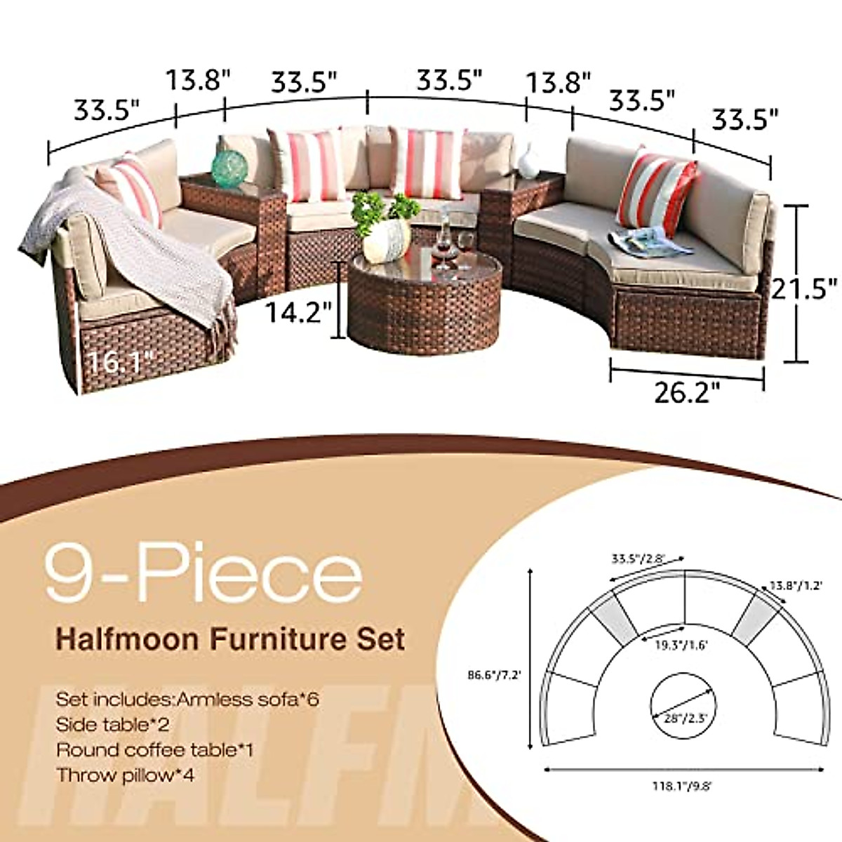 SUNSITT Outdoor Patio 9-Piece Half Moon Curved Furniture Sofa Set Brown Wicker Sectional Sofa Beige Cushions with 2 Side Table and 4 Pillows