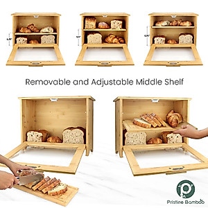 Pristine Bamboo Bread Box for Kitchen Countertop - Double Layer Bread Storage Bin with Clear Windows - Rustic Farmhouse Style Bread Bin, Wooden Large Capacity Bamboo Food Storage Bin (Self-Assembly)
