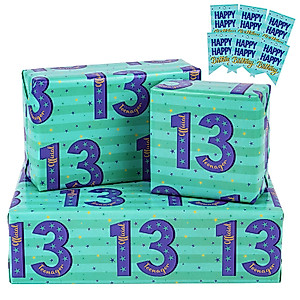 RUSPEPA Birthday Wrapping Paper Sheets with Gift Tags for Teenager Boys' Birthday Gift Wrap, 6 Fold on Sheets Each Set, 27 inches x 19 inches, Age 13