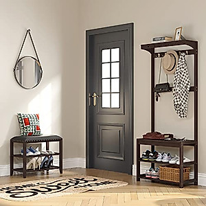 SEIRIONE Bamboo Coat Rack Shoe Bench, 5 in 1 Design Freestanding Hall Tree for Entryway Storage Organizer, 10 Hanger Hooks, 1 Upper Shelf, Easy Assembly,Dark Brown