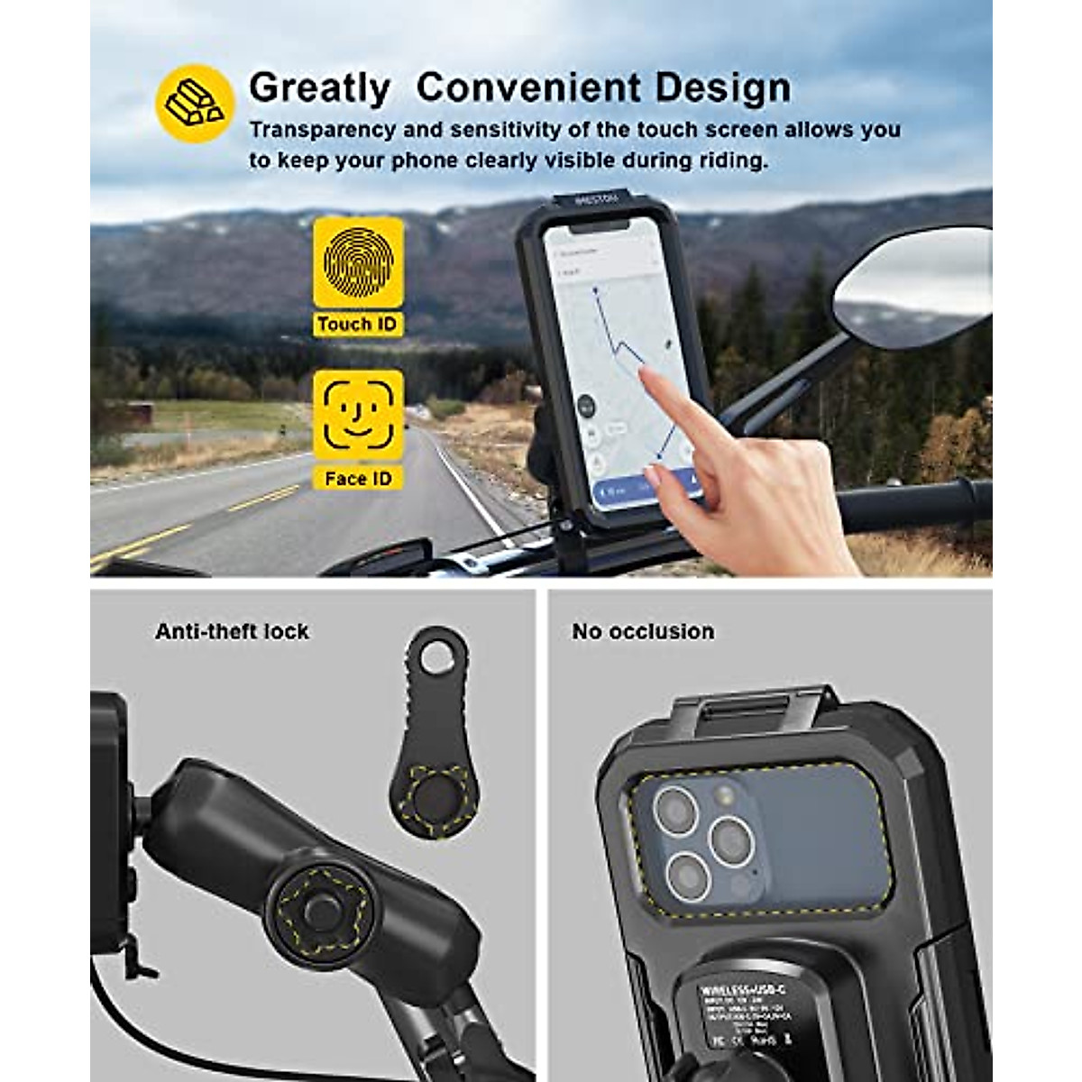 iMESTOU Waterproof Motorcycle Wireless Mount with USB-C Fast Charger, Anti-Theft 1" Ball Phone Holder with Aluminum Handlebar Mounting Base Fits for 5.5"-6.8" Cellphones (L)