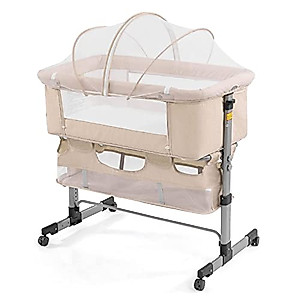 nordmiex 3in1 Bedside Crib for Baby Girl or Boy, Bedside Sleeper Crib for Baby Portable and Adjustable Crib with Mosquito net for Newborn Baby,Deep Khaki