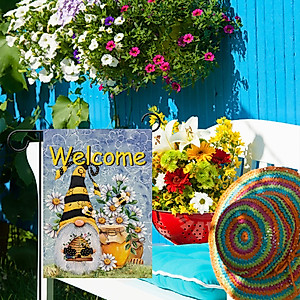 Furiaz Welcome Spring Honey Bee Gnome Garden Flag, Summer Yard Outdoor Home Decorative Burlap Lawn Outside Decoration, Daisy Flowers Small Decor Double Sided 12x18