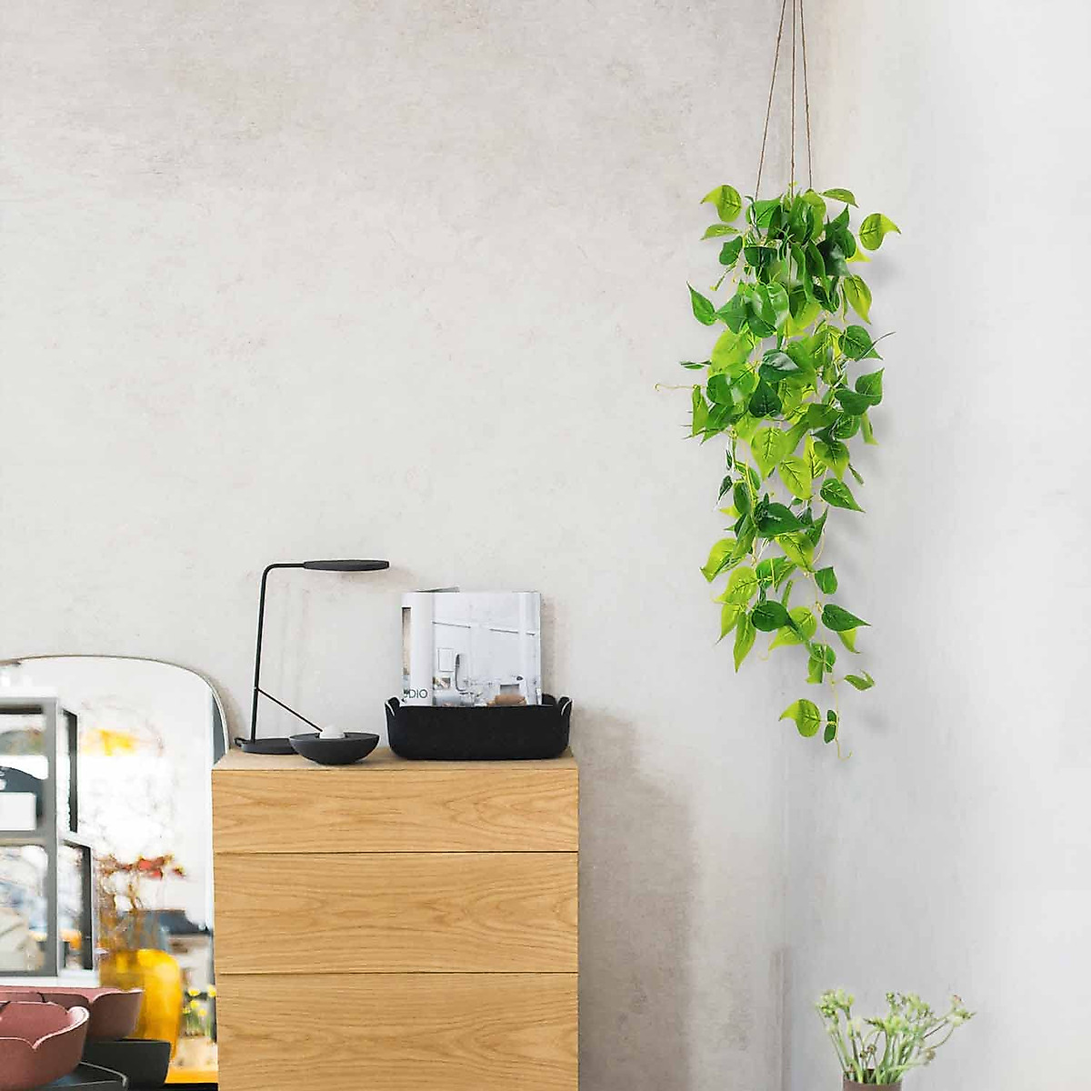 BACAMA Artificial Hanging Plants in White Pot Fake Greenery Vines Decor with Rope for Office Garden Home Wedding Room Decorations 1PCS