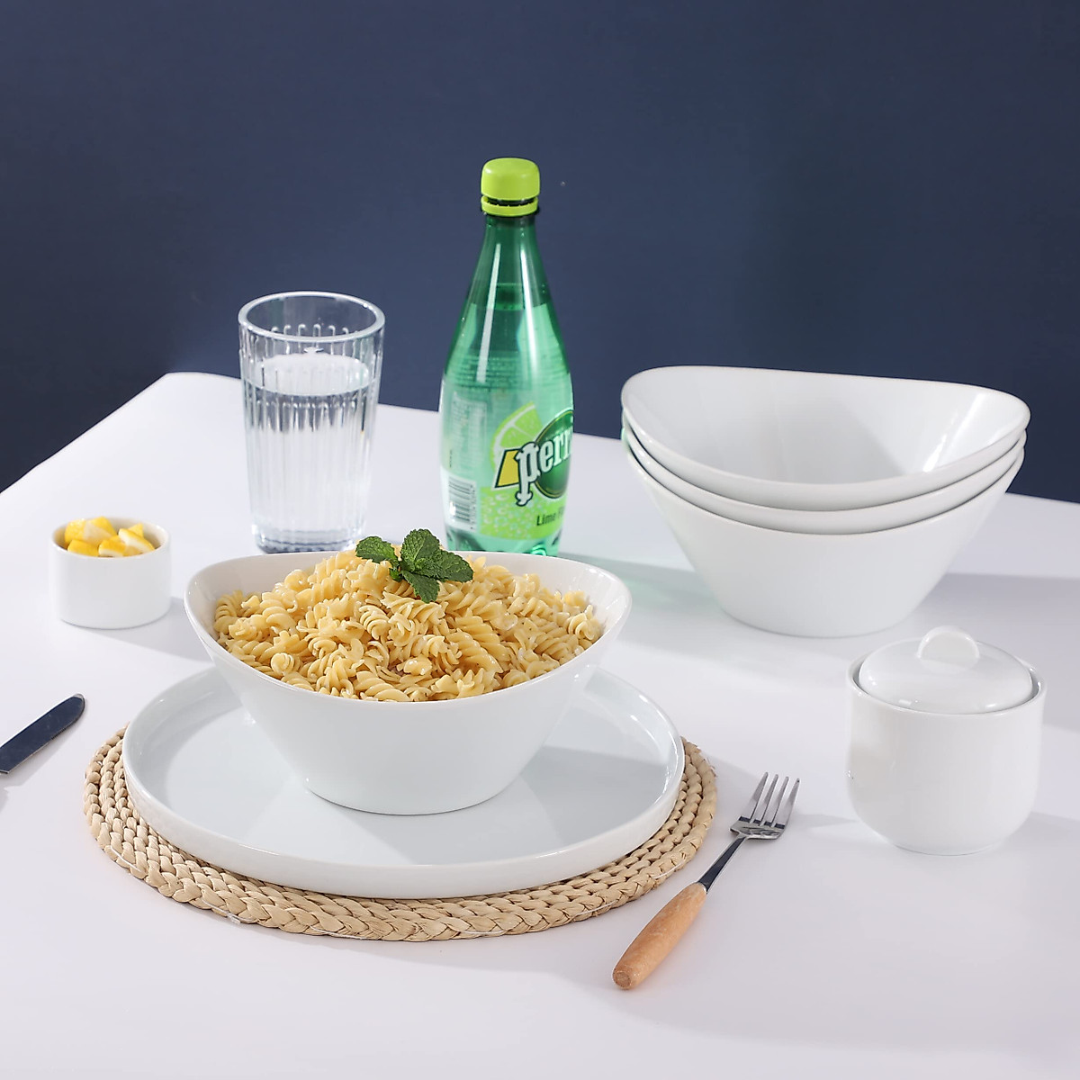 Buyajuju Porcelain Salad Bowls, 38 Ounce pasta bowls set of 4, 8 inch White serving bowls for cereal, soup, ramen, snacks, rice, Oven Dishwasher Safe