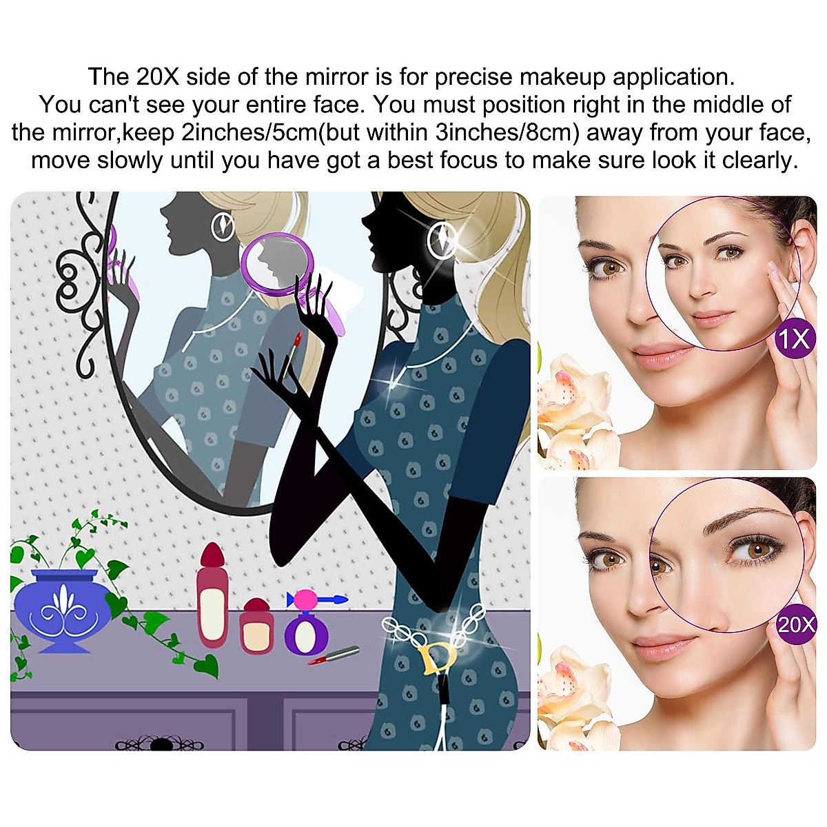5 Inch 20X Magnifying Mirror with Blackhead Tweezer Kit, Handheld Mirror with Handle, Portable Magnified Mirror with Eyebrow Plucking Tweezers, Foldable, Double sided, Black