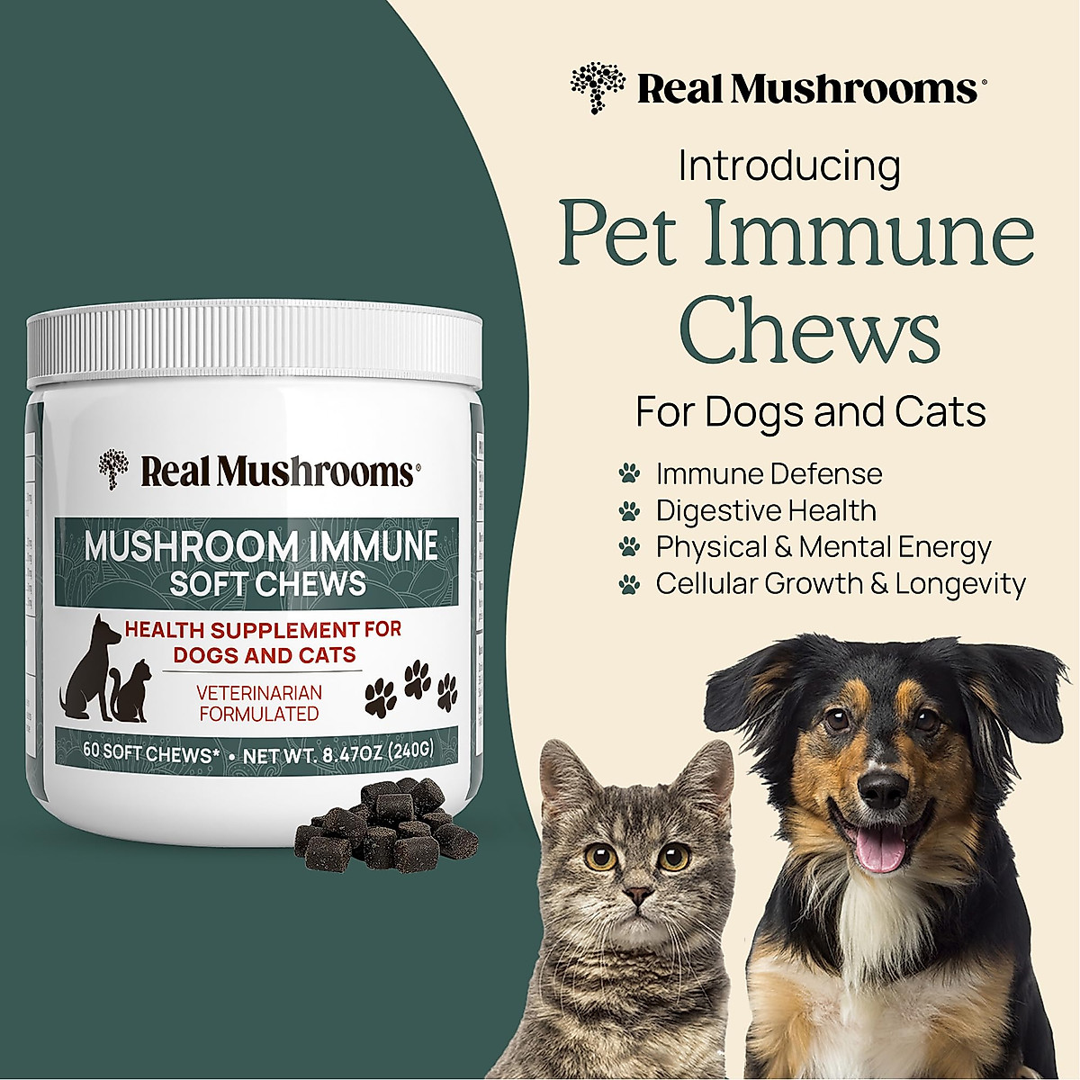 Mushroom Immune Support Pet Chews (60ct) Treats for Dogs – Immune Booster Supplements for Pets with Ashwagandha, Astragalus, Blueberry, Olive Leaf, Acerola &Gut Health for Dogs and Cats