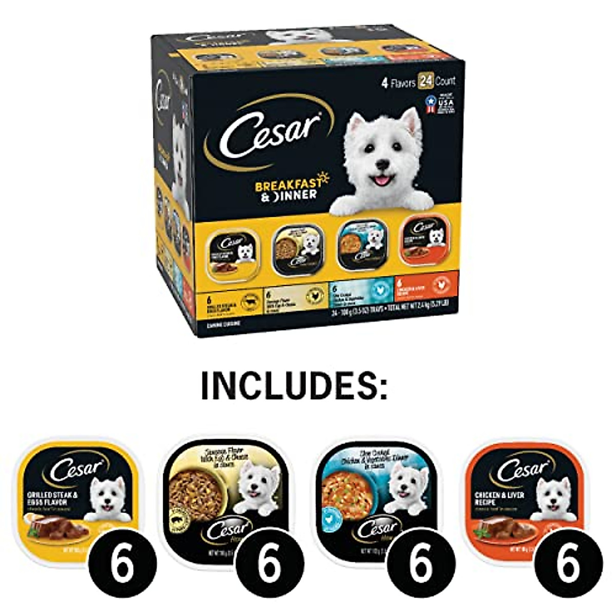 CESAR HOME DELIGHTS Adult Wet Dog Food & Classic Loaf in Sauce Breakfast & Dinner Variety Pack, (24) 3.5 oz. Easy Peel Trays