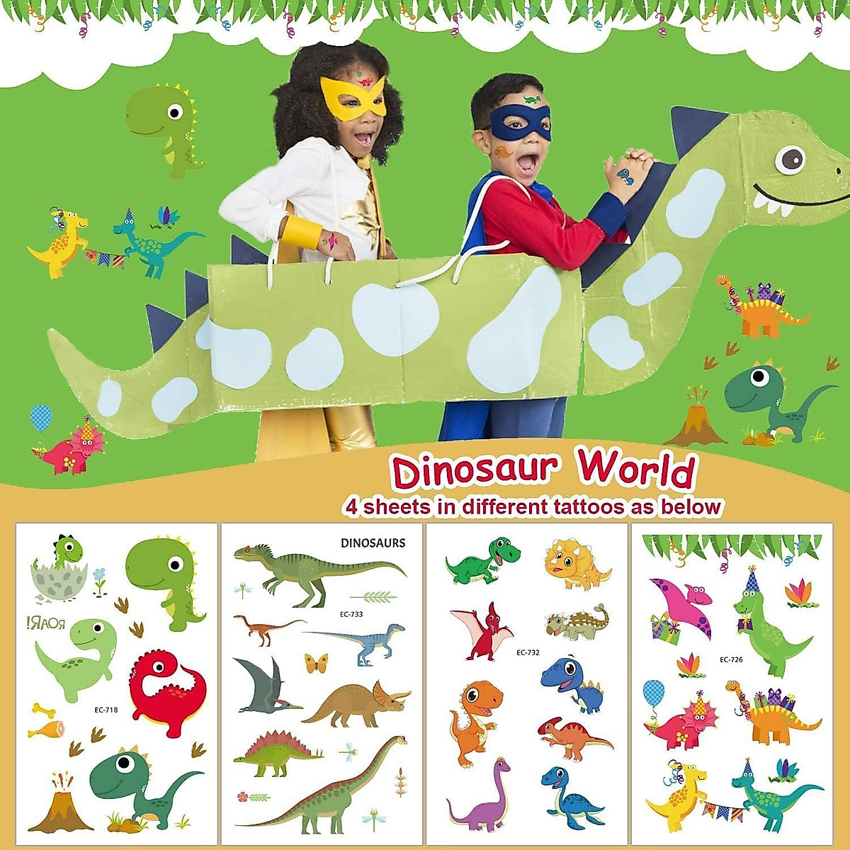 Leesgel 300pcs Temporary Tattoos for Kids, Featured 5 Series of Fake Waterproof Tattoos for Boys Girls- Spaceships, Dinosaurs, Animal Zoos, Mermaids, Pirates. (20 Sheets)