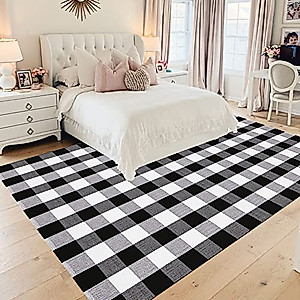 CAINANEL Buffalo Plaid Rugs 5' x 7' Cotton Black and White Check Rug Hand-Woven Indoor/Outdoor Area Rug for Welcome Door Mat, Front Porch,Kitchen,Bathroom,Entry Way,Living Room