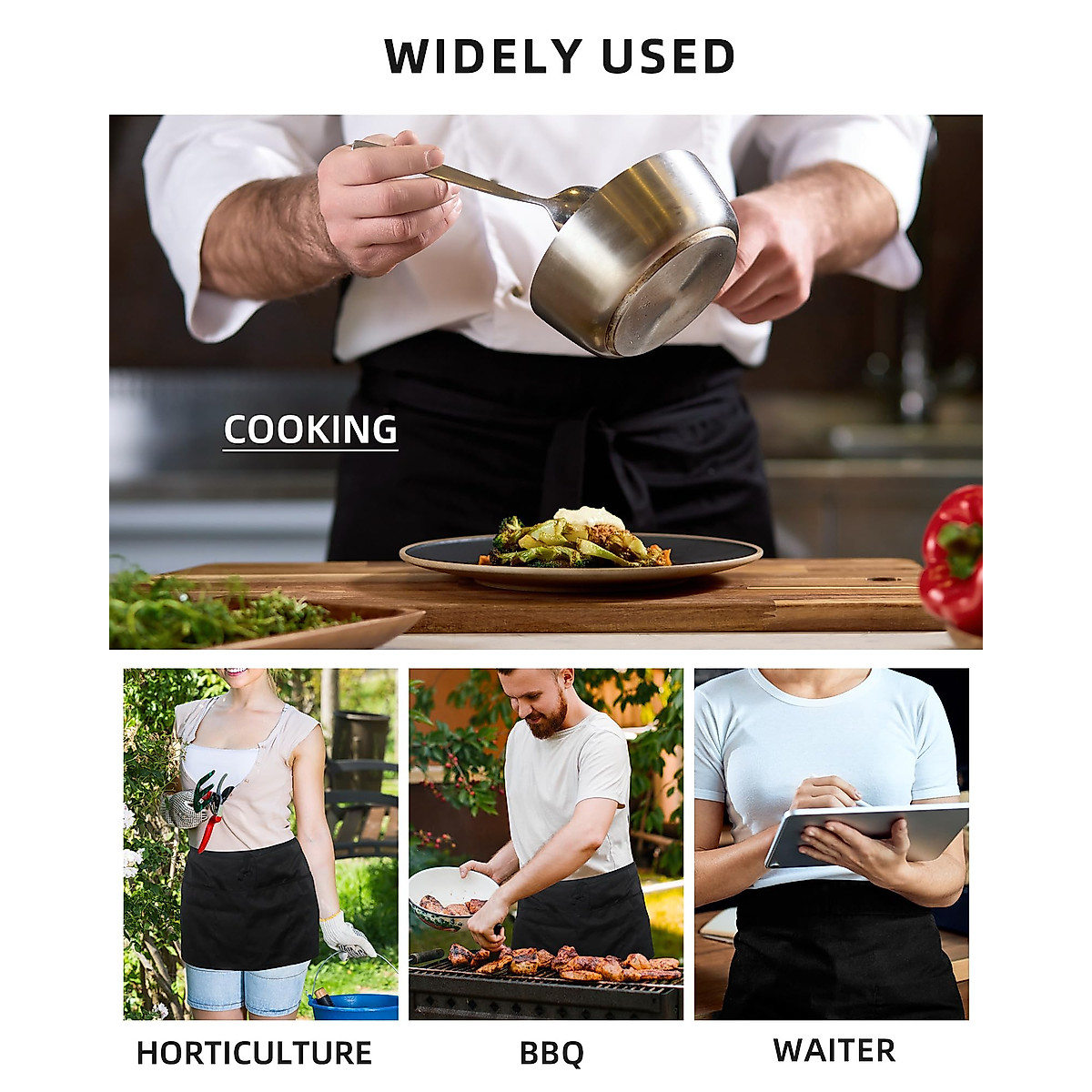 Xeoxarel Server Aprons with 4 Pockets, Unisex Waitress Waiter Waist Apron for Women and Man Half Black 11.5''