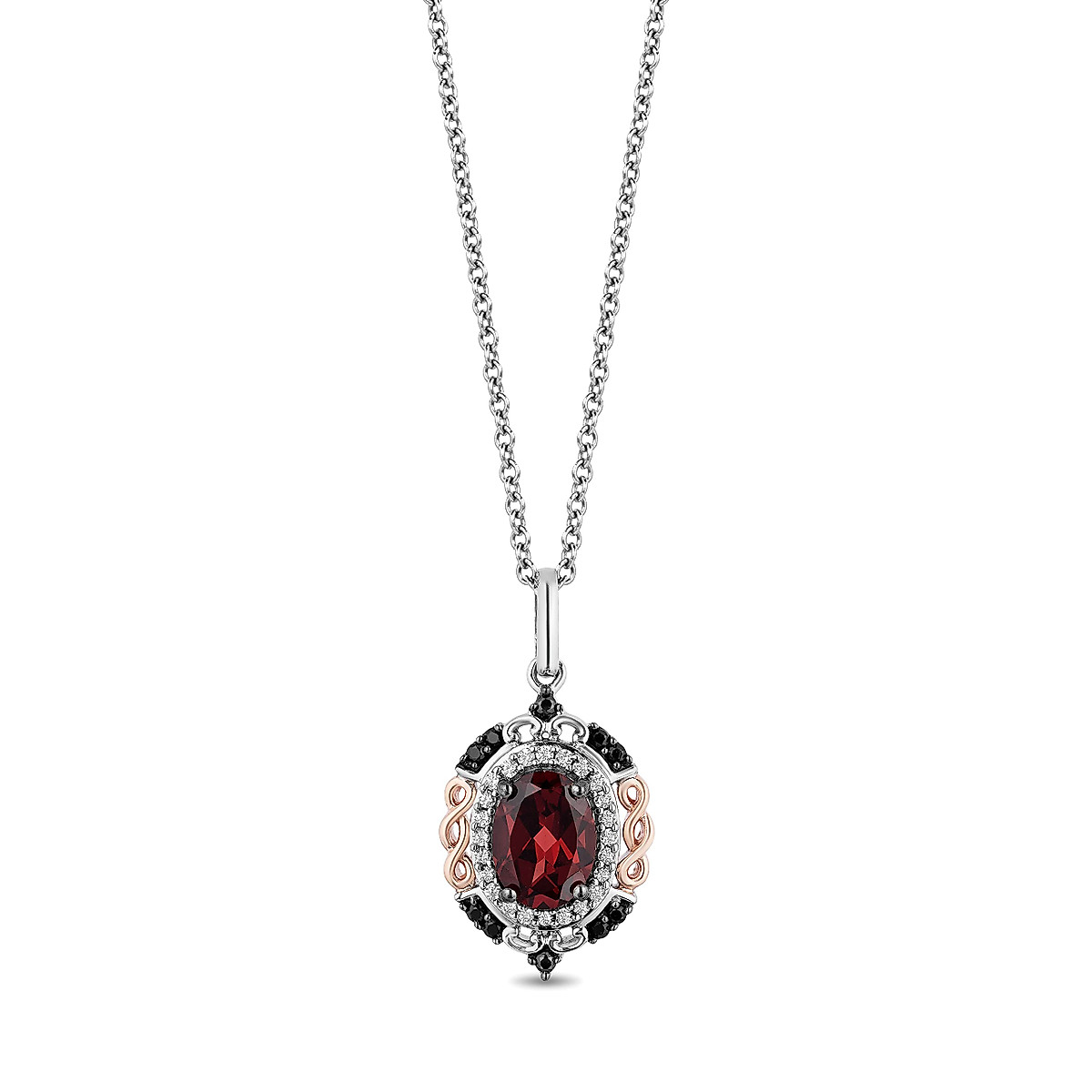 Jewelili Enchanted Disney Fine Jewelry Sterling Silver and 10K Rose Gold 8x6 MM Oval Shape Red Garnet with 1/5 Cttw Black and White Natural Round Diamonds Evil Queen Pendant Necklace 18" Cable Chain