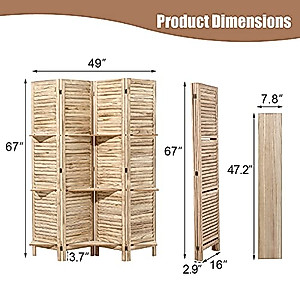 Vicluke 4 Panels Room Divider with 3 Removable Storage Shelves, 5.6 FT Folding Privacy Screen, Wood Portable Wall Divider for Home, Office, Restaurant(Natural)