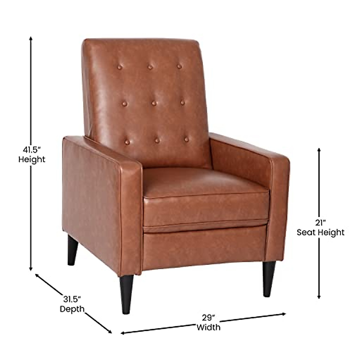Flash Furniture Erza LeatherSoft Button Tufted Pushback Recliner, Mid-Century Modern Recliner Chair for Residential and Commercial Use, Cognac Brown