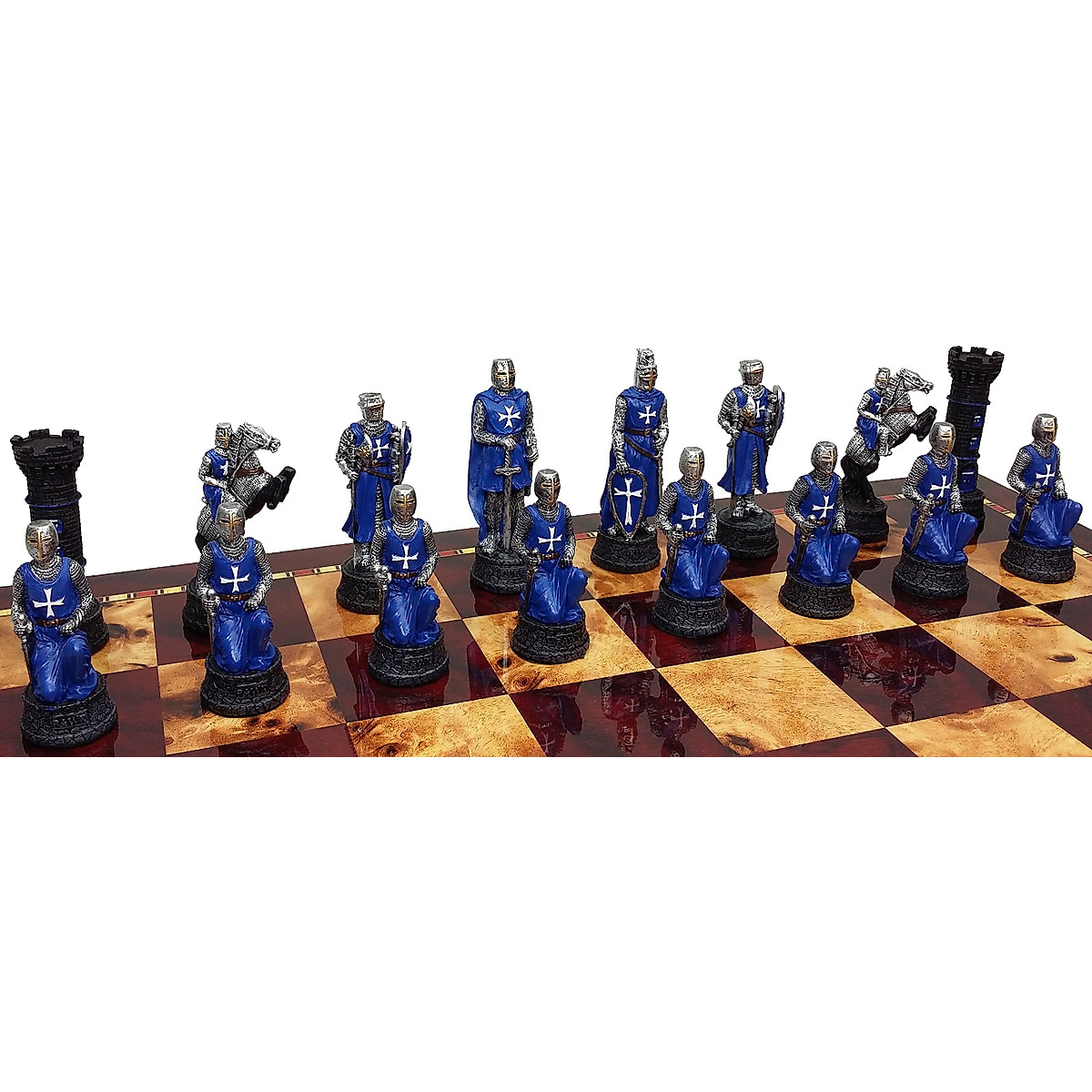Medieval Times Crusades Knight Blue and White Set of Chess Men Pieces Hand Painted With Maltese Cross - no Board